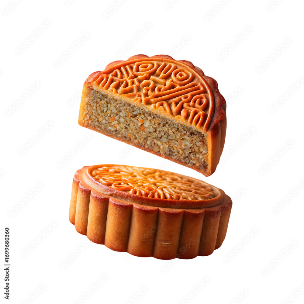 Chinese mooncakes sliced mid-air, dense filling visible inside ornate ...