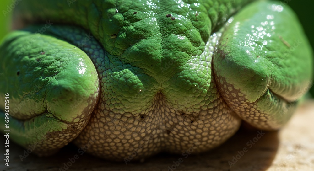 Closeup shows the underside of a green frog Its textured skin features ...