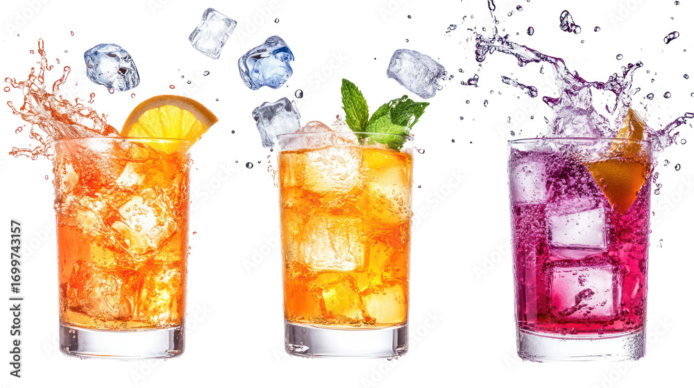 Dramatic splash of three refreshing mocktails each with fruit garnish ...