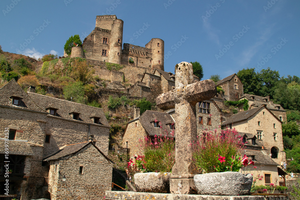 Belcastel village, castle and medieval bridge over Aveyron river, one ...