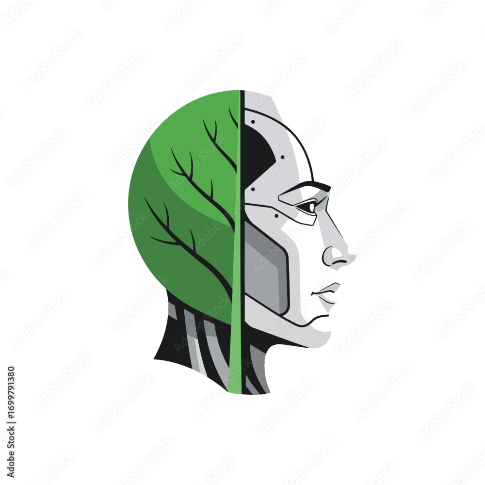 Humanoid robot head split, one side nature, one side machine ...