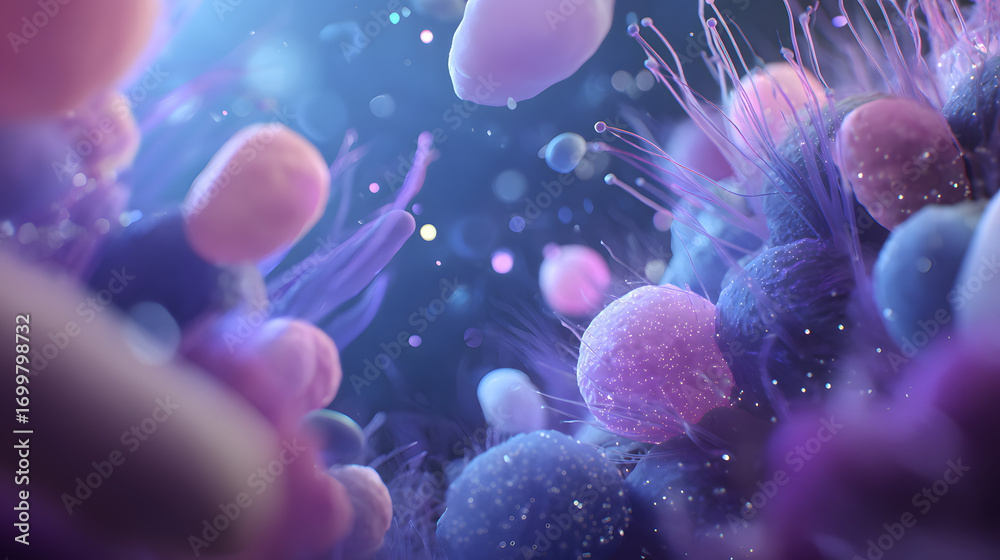gut flora ecosystem with beneficial probiotics interacting, 3D ...