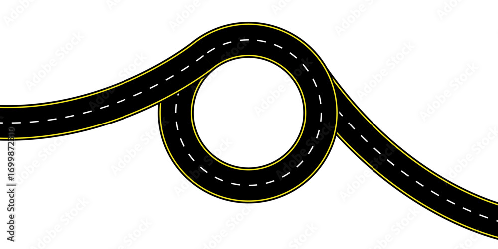 Top view of a long winding highway with dashed center lines and smooth ...