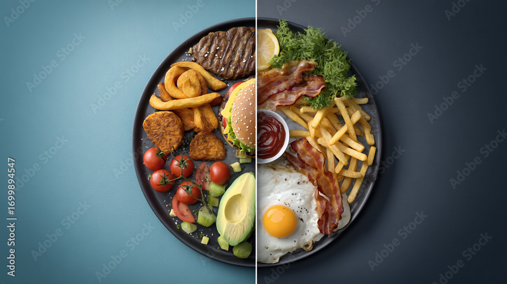 Split plate featuring healthy and unhealthy food choices side by side ...