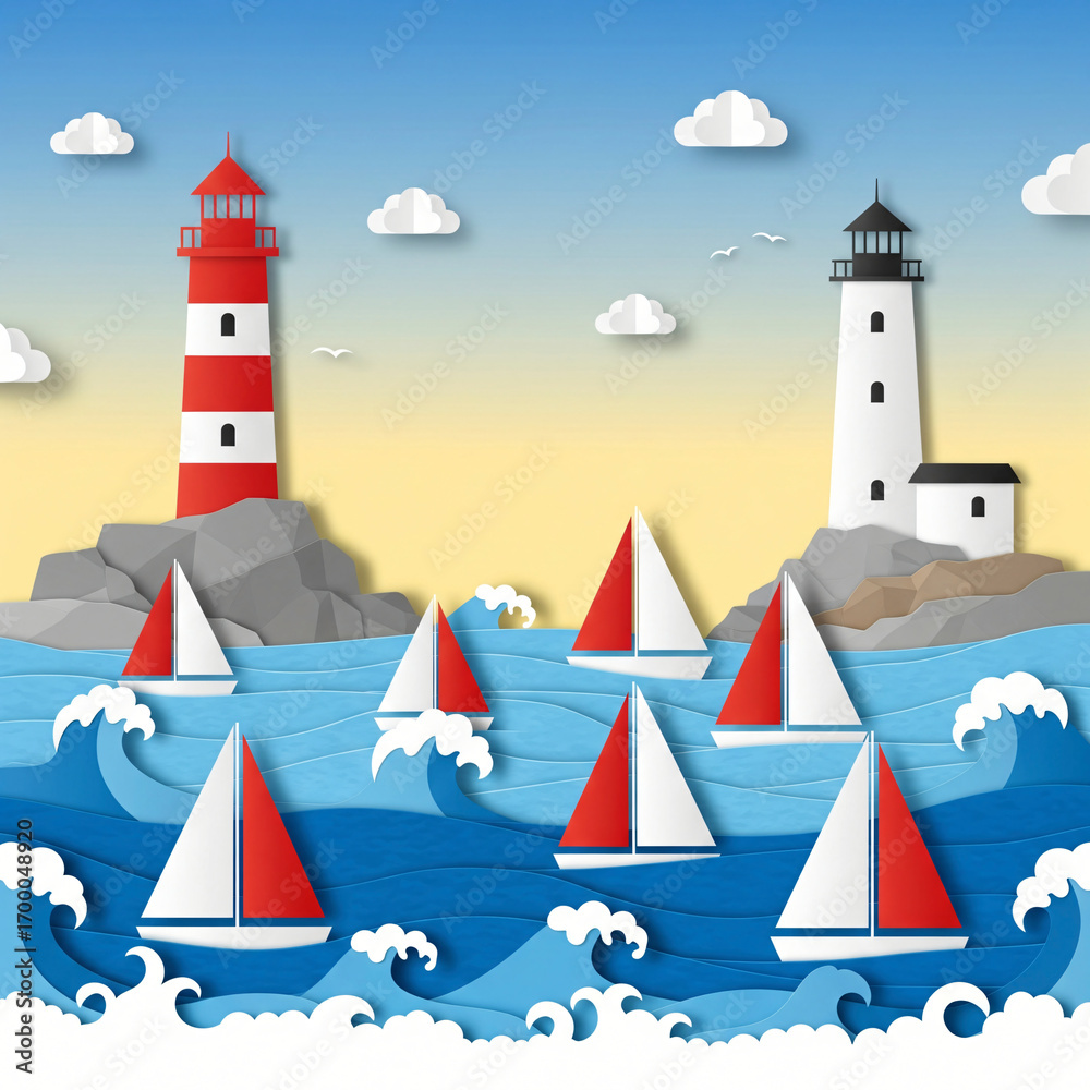 Paper cut style seascape with lighthouses and sailboats on a wavy blue ...