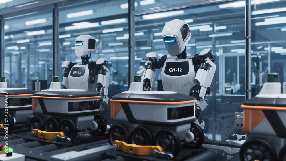 Advanced Humanoid Robots Connect Mechanical Components on a Conveyor ...