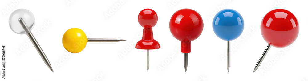 Colored pushpin set including various shapes and sizes isolated. Office ...