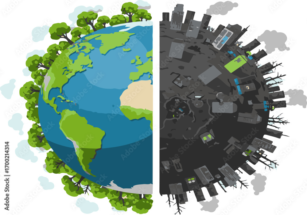 Vector illustration of Earth split into green nature and polluted city ...