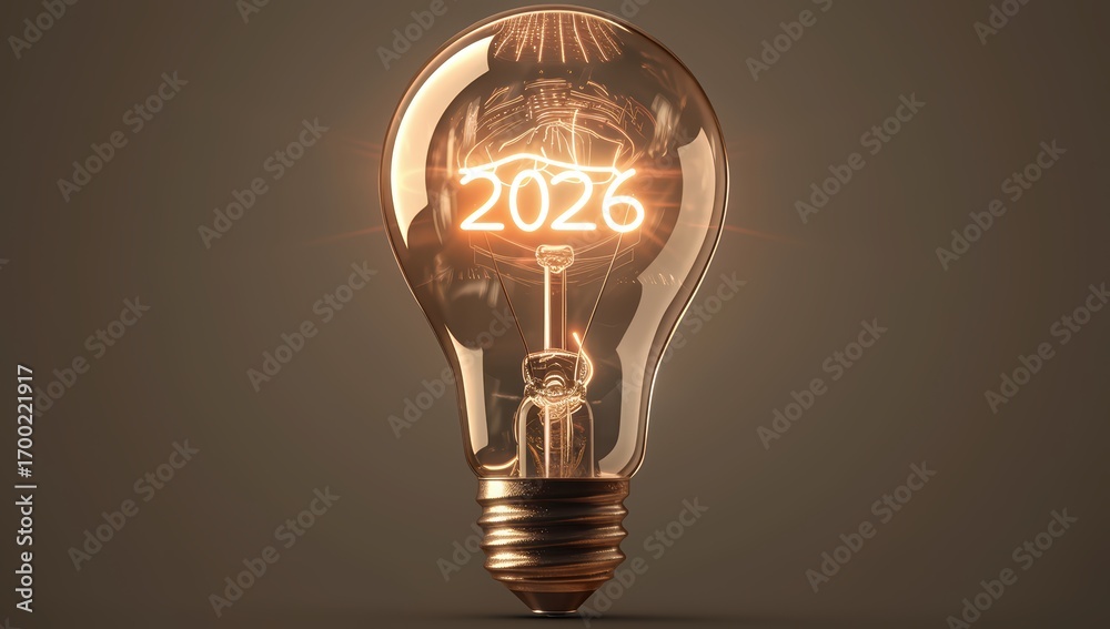 Light bulb illuminated with the year 2026. A concept of innovation ...