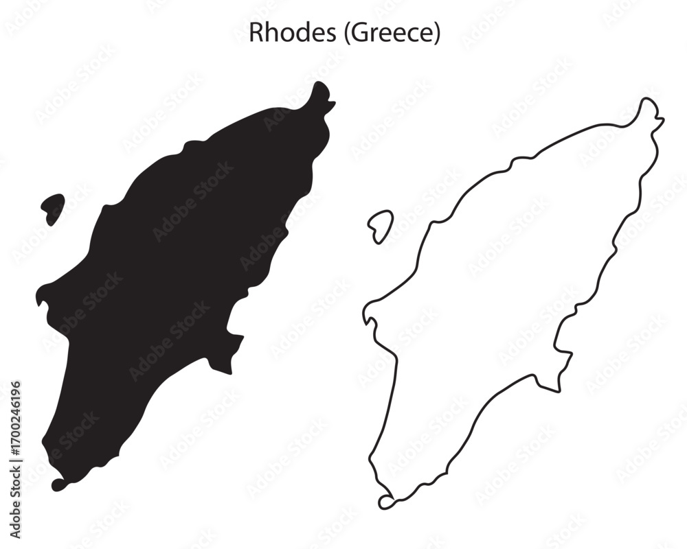 Simple Rhodes Greece map silhouette vector. Clean black outline of the ...