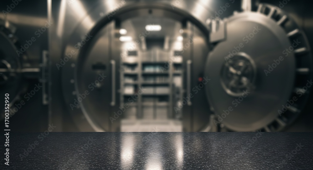 Mockup of an open bank vault door with shelves inside, reflecting on a ...