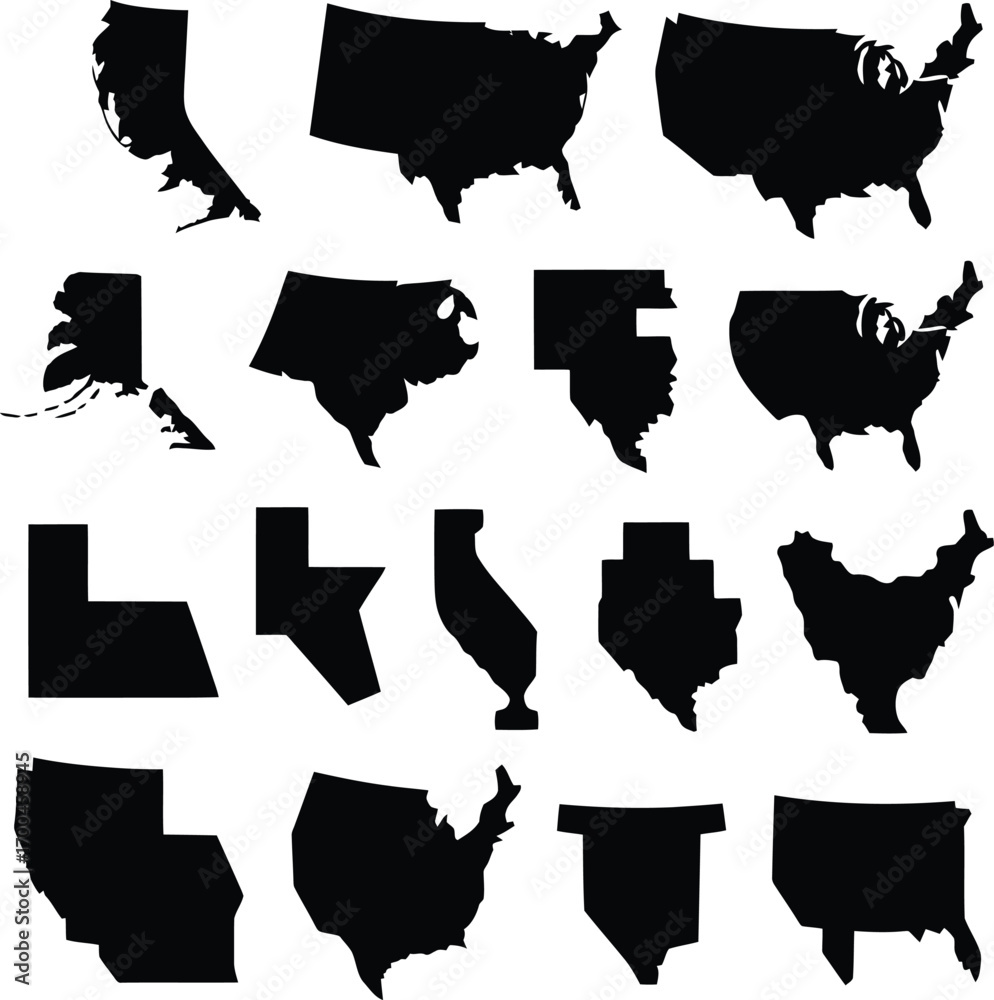 Diverse collection of US state and continental map silhouettes for ...