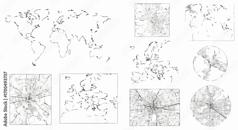 Detailed world map and city maps showing global connectivity and urban ...