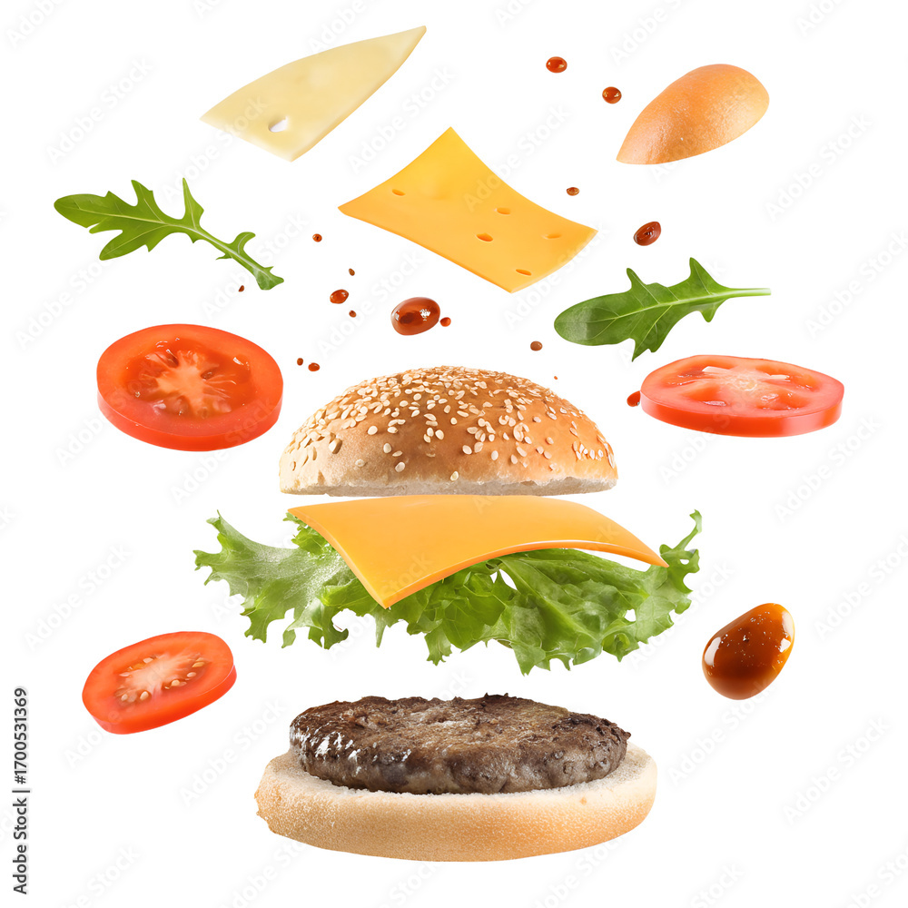 Juicy Burger Ingredients in Mid-Air: AI-Generated Food Explosion! bun ...