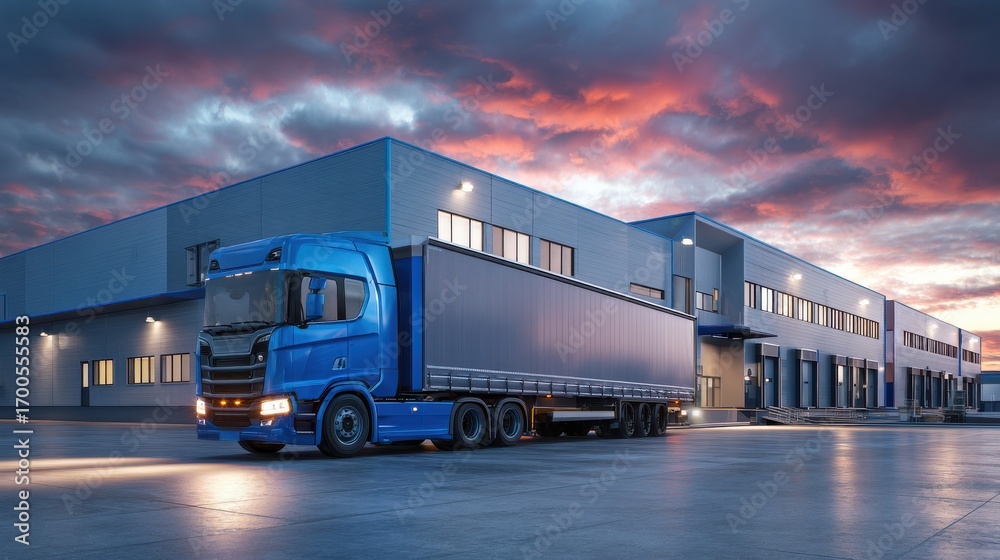 Beautiful photo of modern logistics warehouse with blue semi-trailer ...