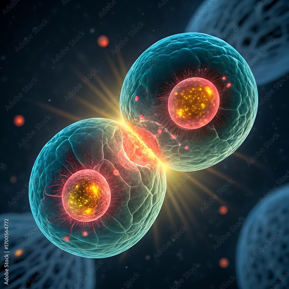 Microscopic view of two cells dividing, representing cell division and ...