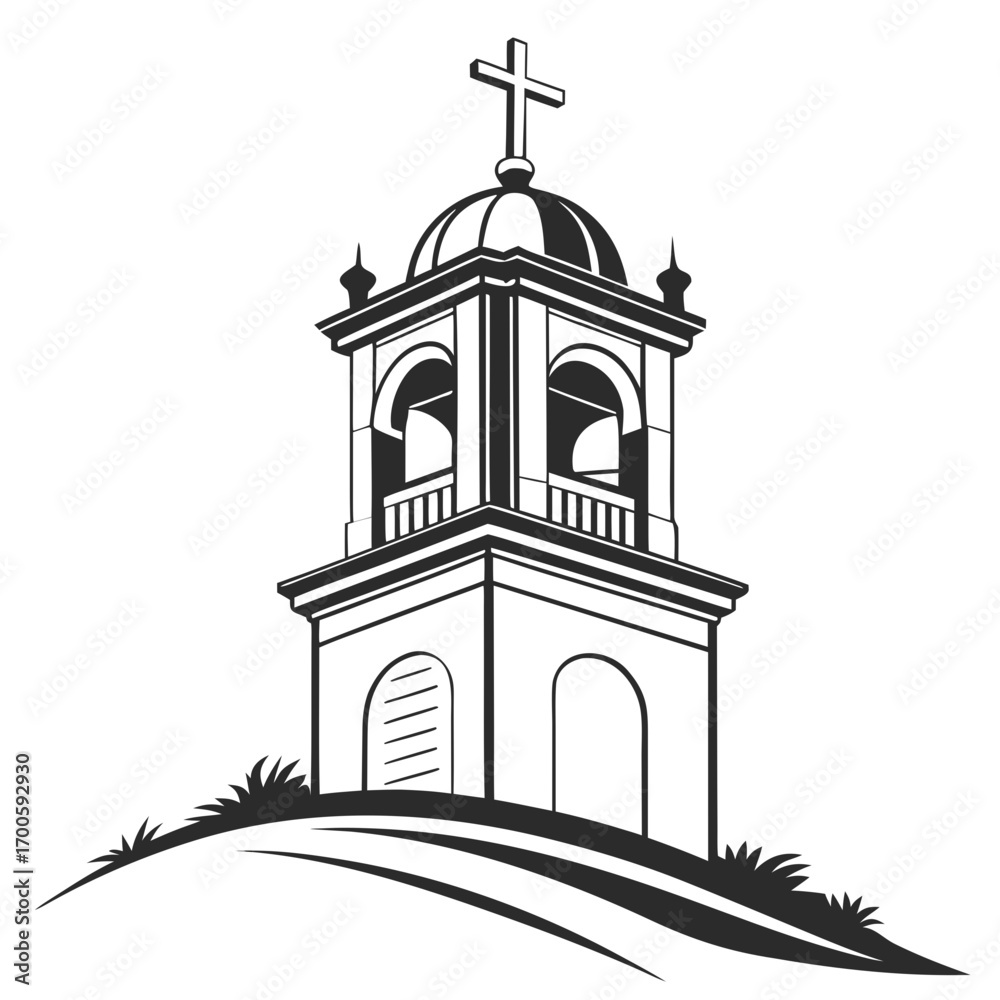 Stylized bell tower with cross on top and rolling hills Stock Vector ...