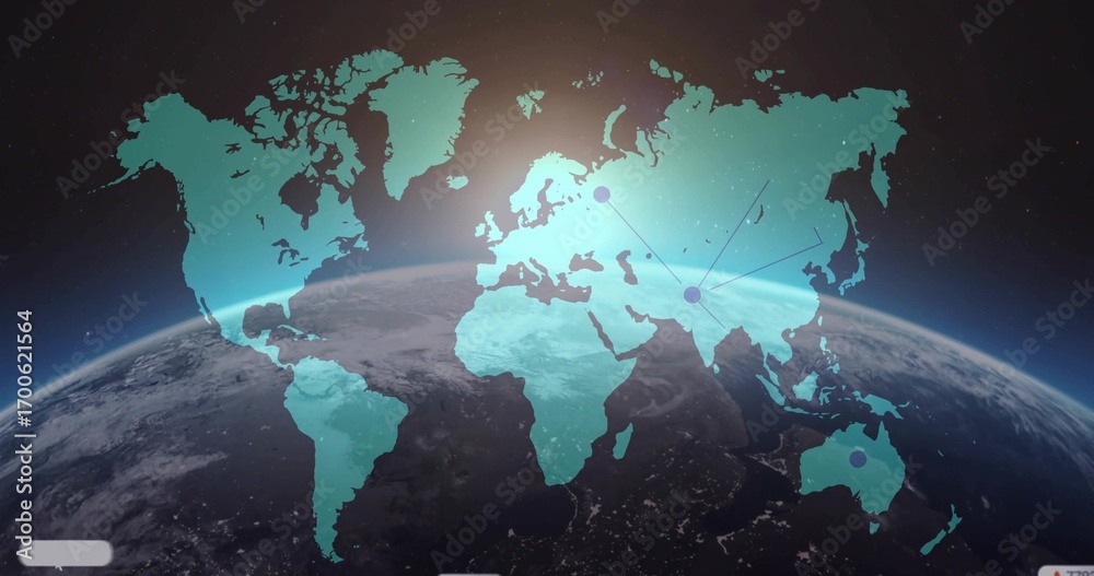 Displaying Earth with map overlay, network nodes with connecting lines ...