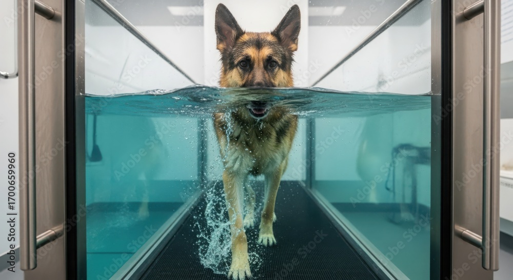 German shepherd dog exercising on an underwater treadmill, undergoing ...