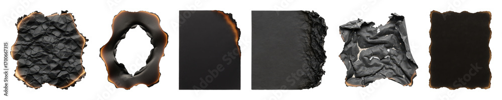 Burnt paper set including crumpled pieces, burning edges, burn holes ...