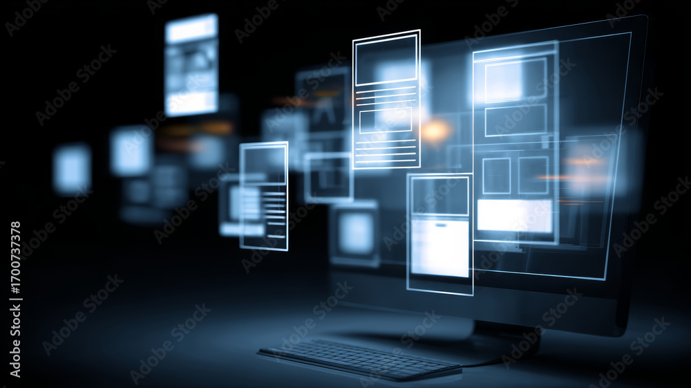 Computer screen displaying multiple windows with glowing outlines in a ...