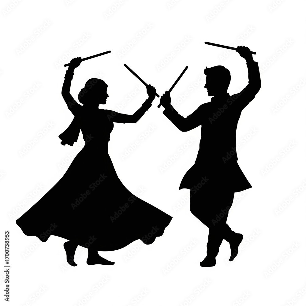 Garba couple silhouette elegant pose with raised arms and dandiya ...
