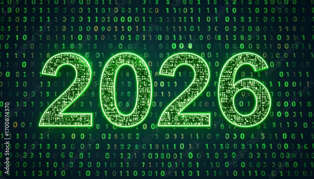 Glowing green "2026" digital typeface over a dark green binary code ...