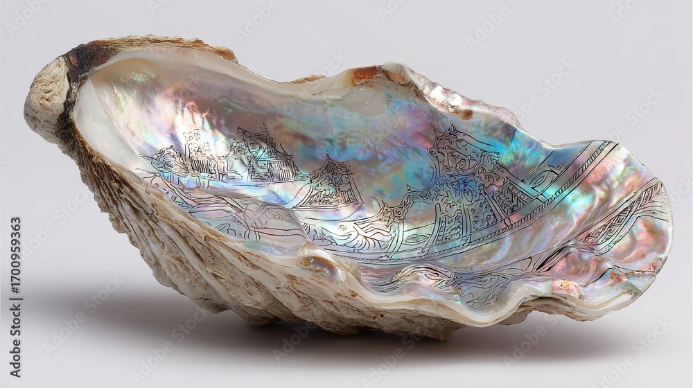 Stunning iridescent seashell intricately carved with a detailed Asian ...