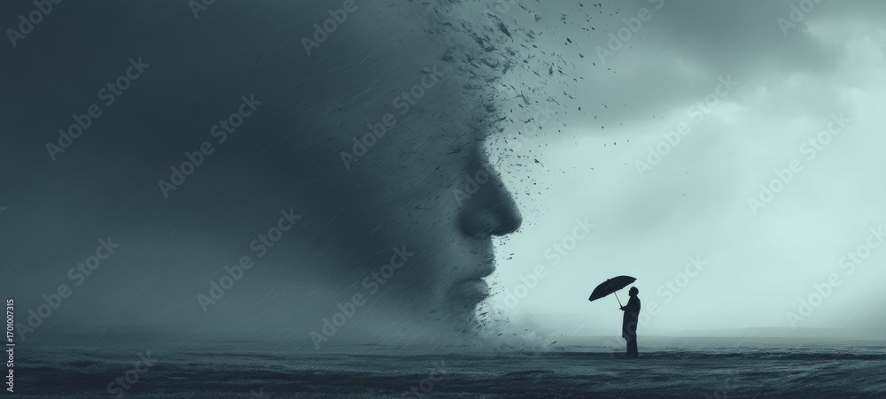 Illustration Stock Surreal minimalist 3D scene of lone figure with ...