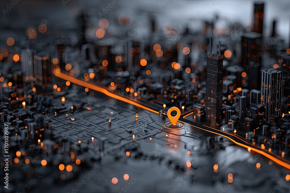 High-tech city map, pin location. Urban digital landscape, glowing ...