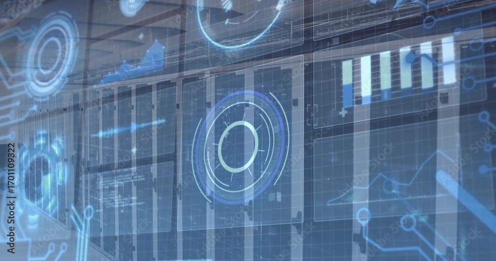 Displaying holographic interface scanning data center corridor, with ...