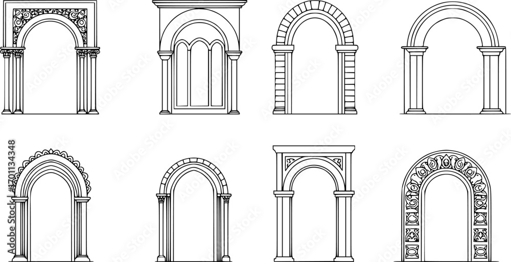 Art deco arch window and door frames, entrance doorways and gateway ...