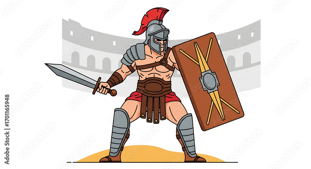 Vector illustration of a powerful Roman gladiator in full armor holding ...