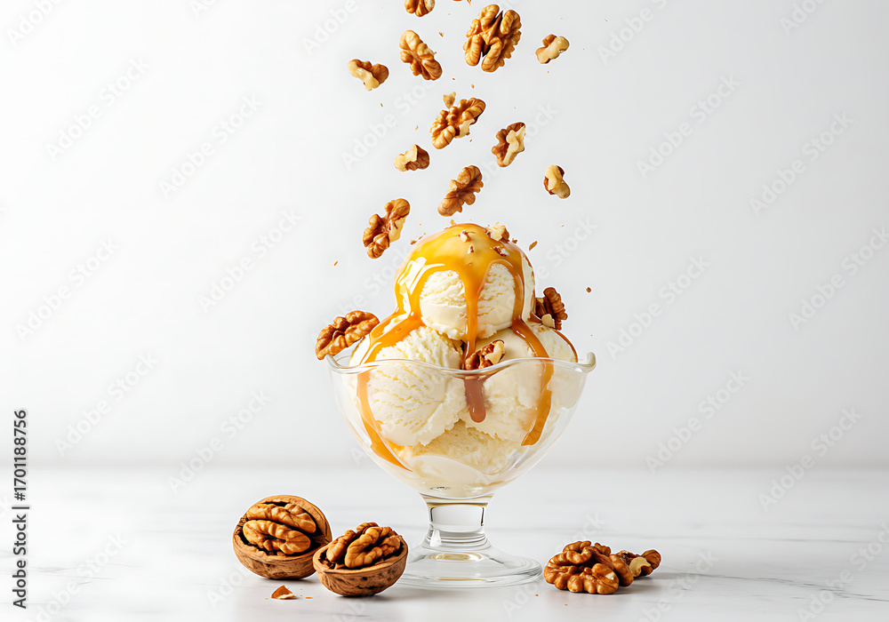 Vanilla Ice Cream Sundae with Caramel and Walnut Toppings Stock Photo ...