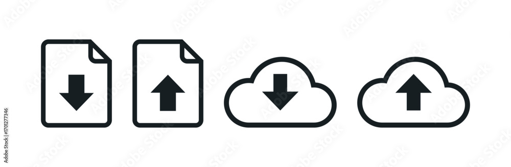Download and Upload Icons, Minimal Outline Cloud and Document Arrow UI ...