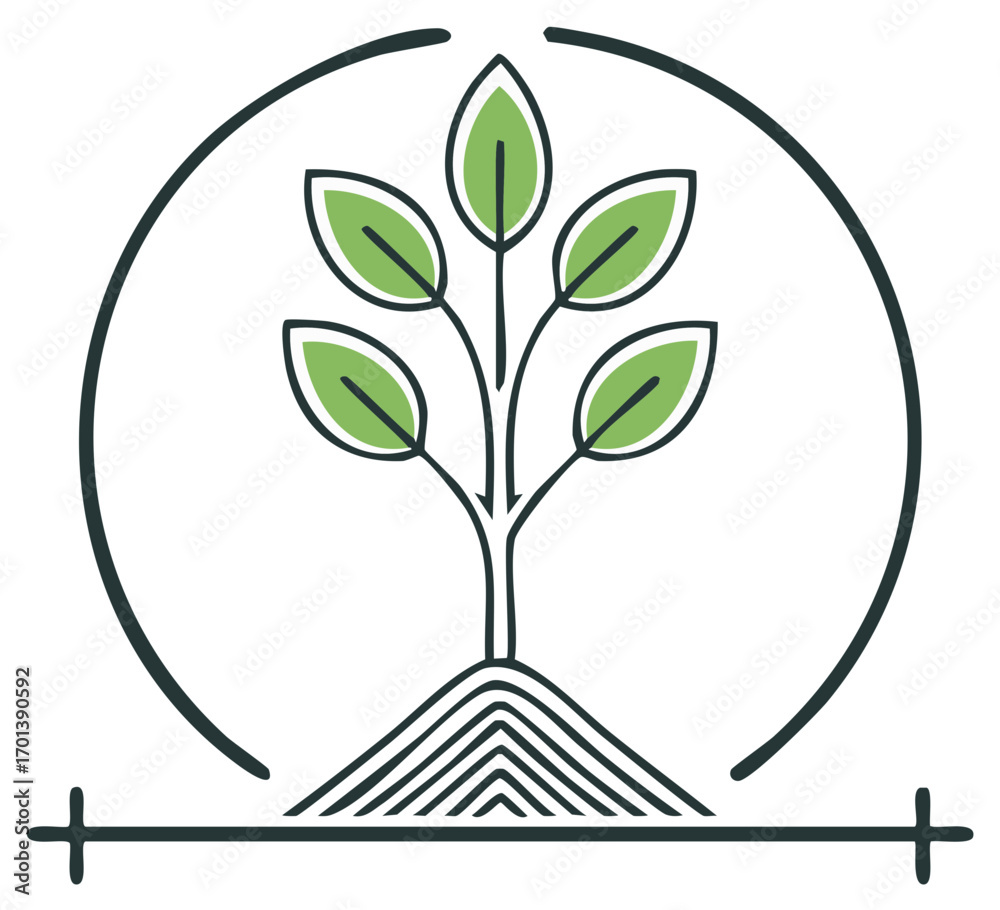 Modern line art icon of a growing green sapling with roots in a ...