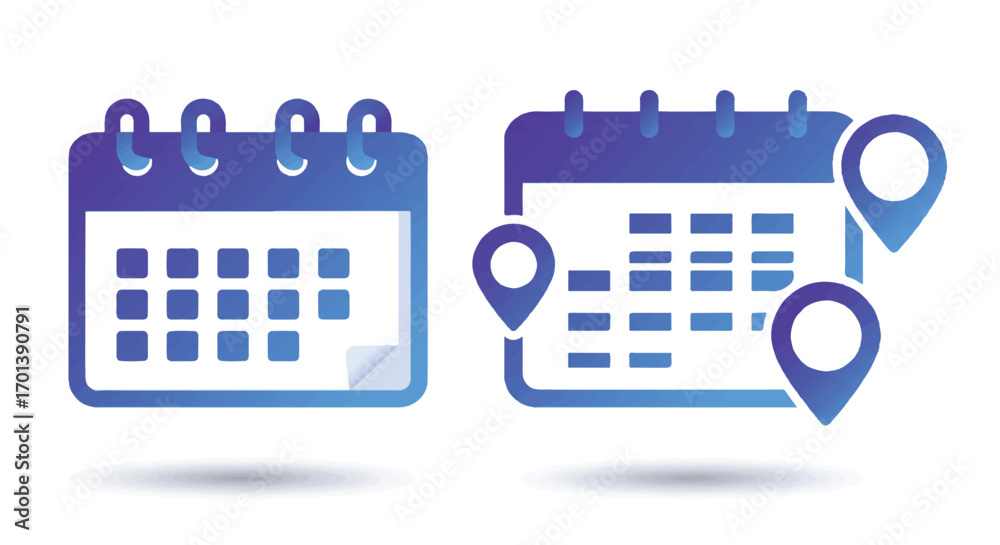 Two calendar symbols displaying dates and location pins, indicating ...