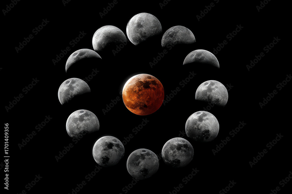 Twelve phases of the moon forming a circle with a red lunar eclipse at ...