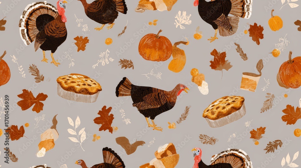Thanksgiving cultural seamless pattern with turkeys, pumpkins, pies and ...