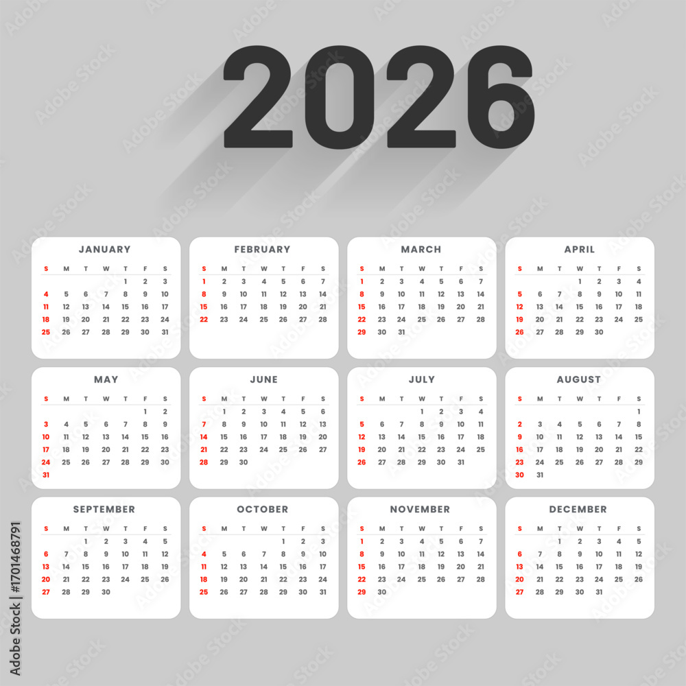 Simple 2026 nnual calendar template design Stock Vector | Adobe Stock