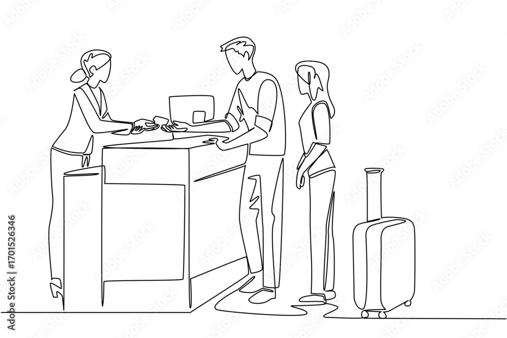 Single one line drawing a female receptionist is giving cards to a ...
