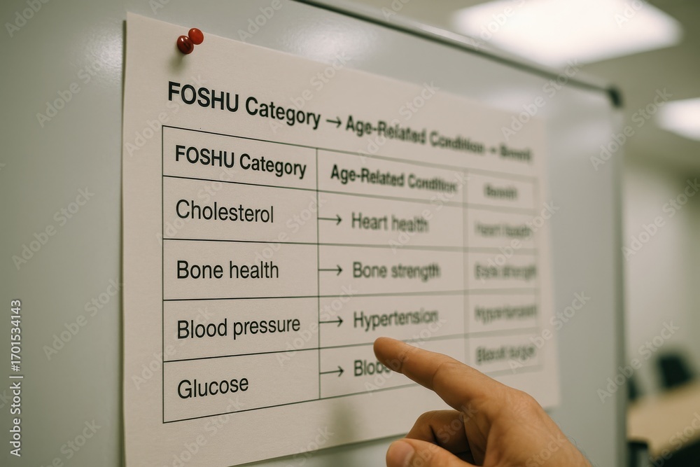 A hand points to a chart explaining FOSHU categories and their health ...