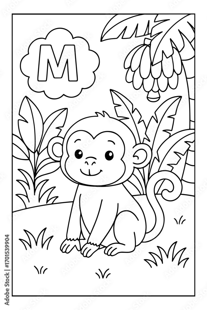 Alphabet coloring page with letter M and a cute monkey in the jungle ...