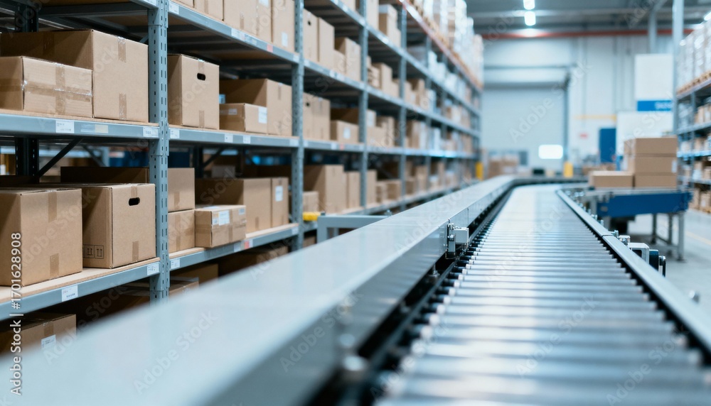 Automated Distribution Center with Conveyor Belt System and Shelves ...