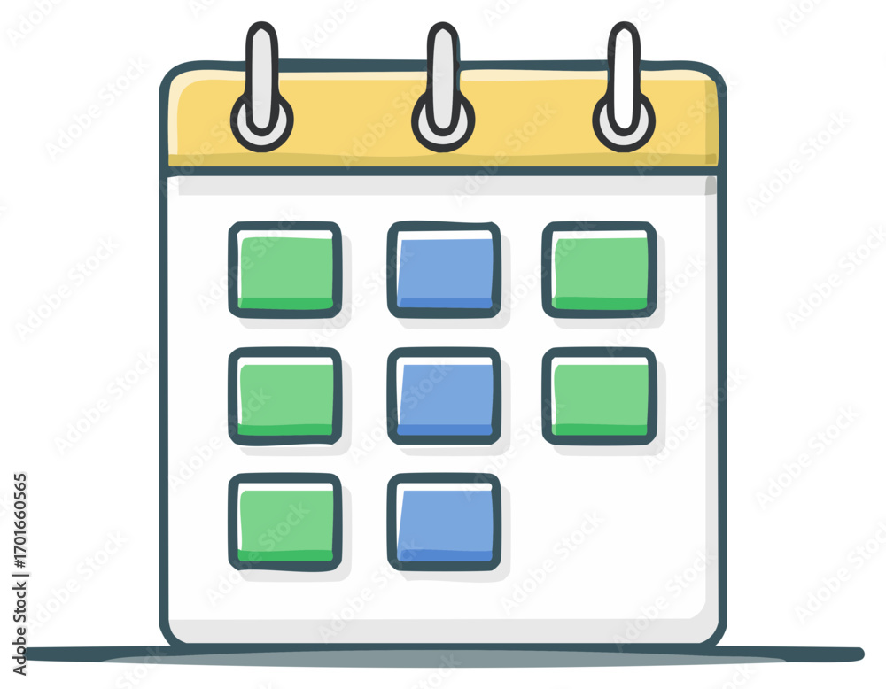 Cartoon calendar with color-coded boxes for planning and organizing ...