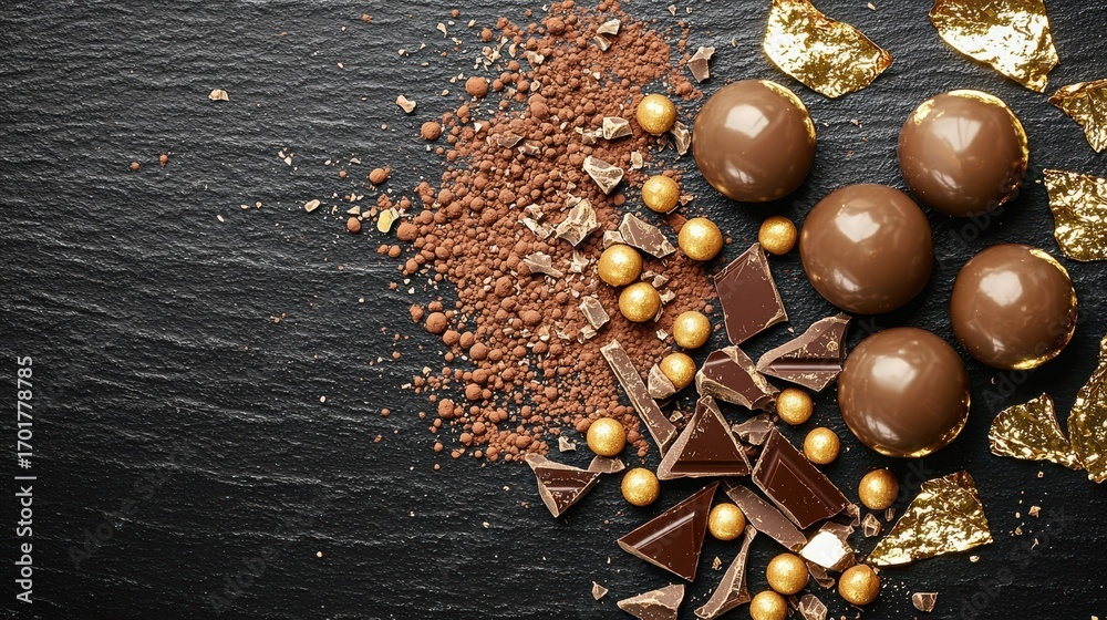 Deconstructed dessert elements featuring chocolate ganache spheres ...