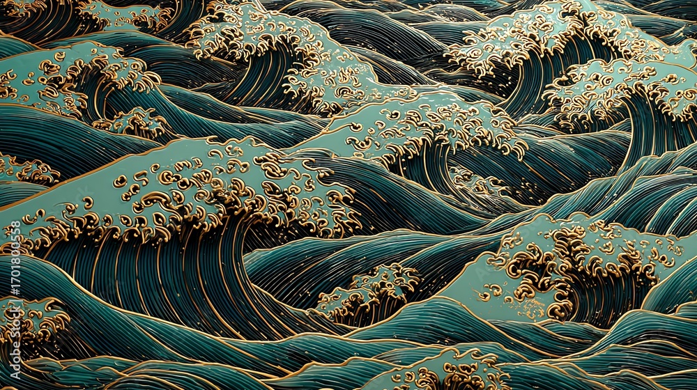 Intricate waves cascade and curl in a dynamic composition, rendered ...