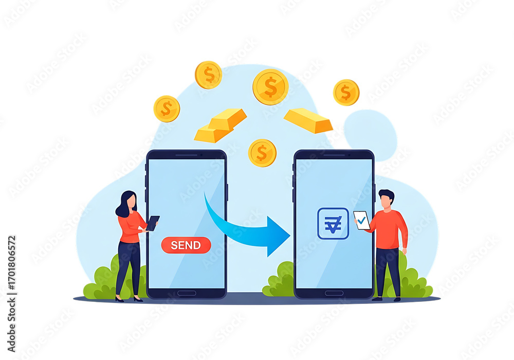 Illustration of mobile money transfer with gold and coins isolated on ...