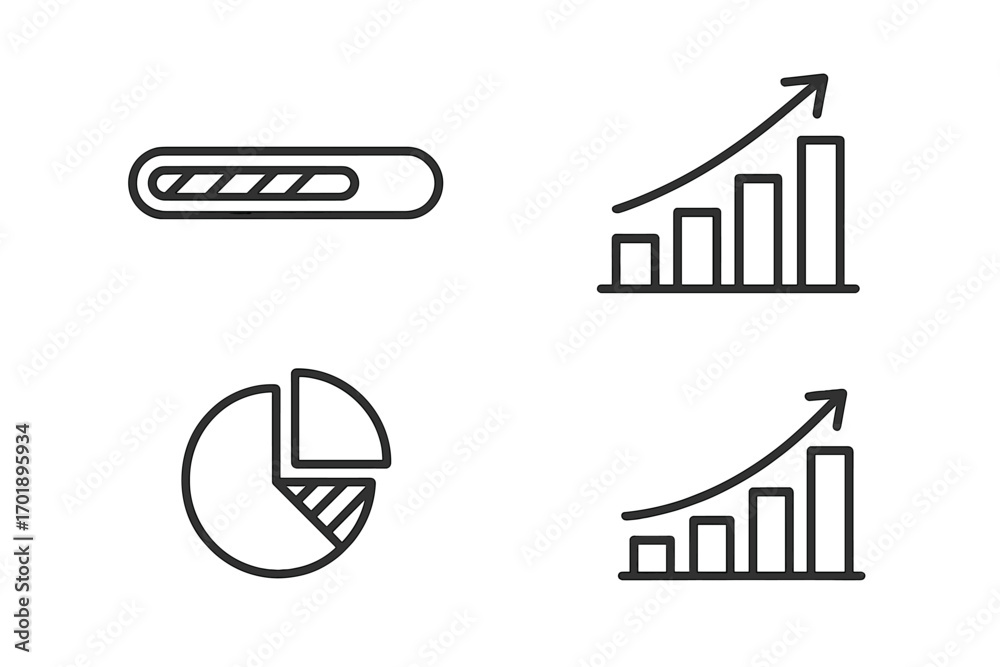 Growth chart and progress bar vector line icon set. Financial analytics ...