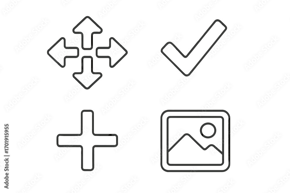 Arrows, checkmark, plus, and picture outline icon collection. Vector ...